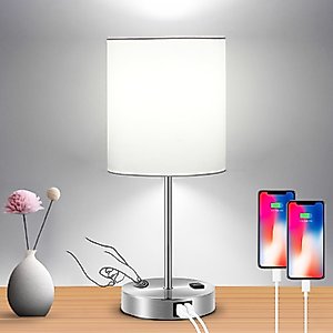 Touch Control Table Lamp, 3-Way Dimmable Lamp with 2 Fast Charging USB Ports & Power Outlet, Bedside Lamp, Nightstand Lamp, USB Lamp for Bedroom, Living Room, Office, Daylight White Bulb Included