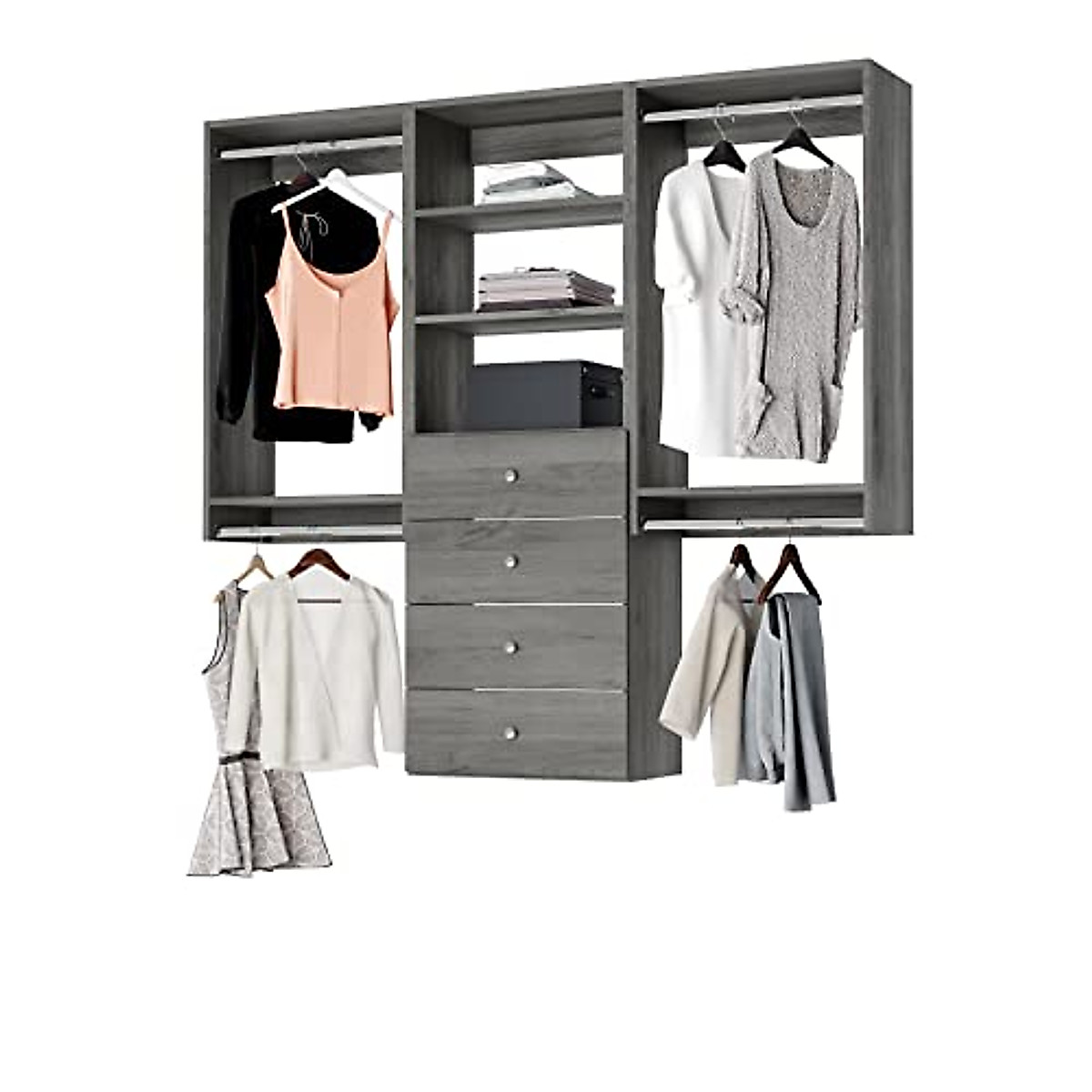 MC Modular Closets Closet Kit with Hanging Rods, Shelves & Drawers - Corner Closet System - Grey, 96 inches Wide
