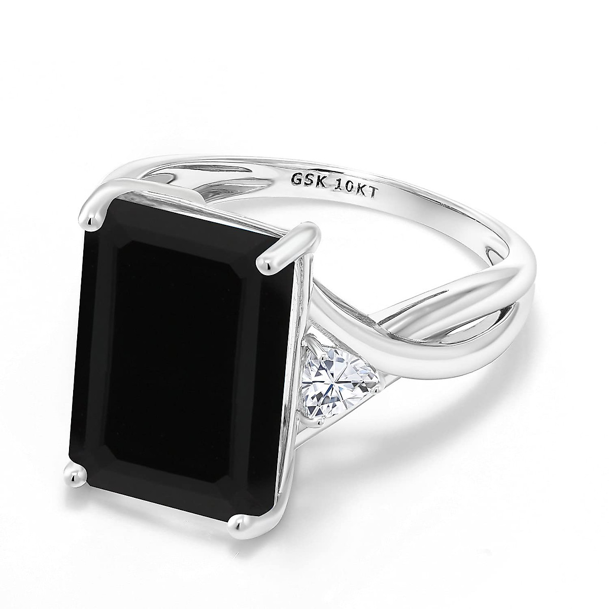 Gem Stone King 10K White Gold Black Onyx and White Moissanite 3 Stone Engagement Ring For Women (7.06 Cttw, Emerald Cut 14X10MM, Trillion 4MM, Size 7)