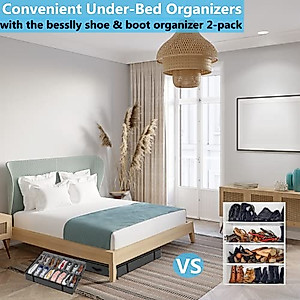 Under Bed Shoe Storage Organizer for Closet 2 Pack, Fits Total 20 Pairs Foldable Underbed Shoes Containers Boxes Under the Bed Storage Bedding with Clear Cover Handles, Grey