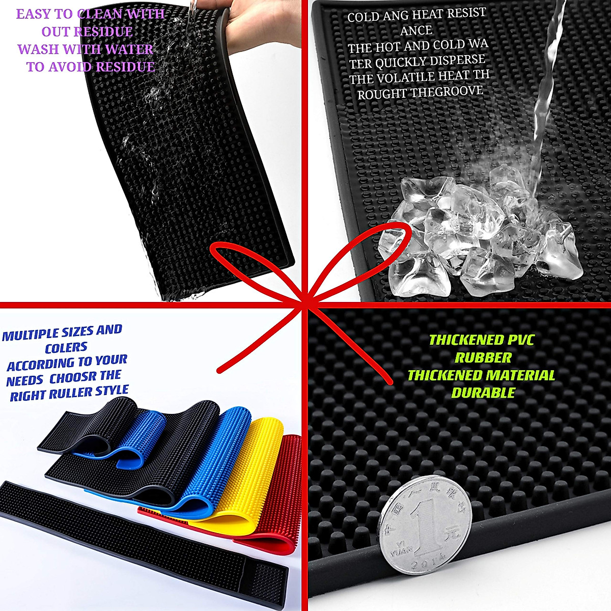 Bar Mat 4Pack IMIYOKU 0.4" Thick Durable Bar Mat for Spills Service Mat for Coffee Bars Restaurants and Counter Top Dish Drying Mat Glass Drying Mat (Black 1PC/18" x 12" +1PCS/23" x 3" +2PC/12" x 6")