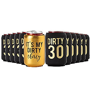 Dirty Thirty Decorations, 30th Birthday Can Coolers and 1 METALLIC Gold"It's My Dirty 30" Cooler, Set of 12, Black and Gold 30th Birthday Can Cooler, Perfect for Birthday Parties,Birthday Decorations!