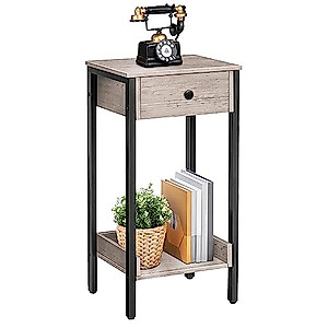 HOOBRO Tall Side Table, Nightstand, End Table with Drawer and Storage Shelf, Industrial End Telephone Table, for Study, Bedroom, Space Saving, Greige and Black BG71BZ01