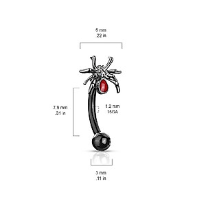 Pierced Owl 16GA Crystal Set Red Bellied Spider 316L Surgical Stainless Steel Cartilage Helix Daith Rook Eyebrow Curved Barbell (Black)