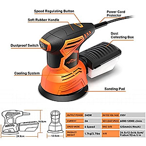 TOPSHAK Random Orbit Sander, 240W Palm Sander with 20pcs Sanding Paper, 6 Variable Speed Electric Orbit Sanders, 5 Inches Hand Sander Tool，Sanders for Woodworking, Sanding, Detailing, Finishing…