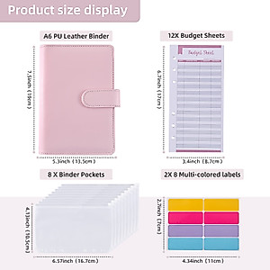 Budget Binder Cash Envelopes for Budgeting Money Organizer for Cash Money Envelopes for Cash Leather A6 Budget Binder with Zipper envelopes (Pink)