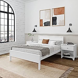 Plank+Beam Solid Wood Full Bed Frame with Panel Headboard, Modern Full Platform Bed with Wood Slat Support, No Box Spring Needed, White