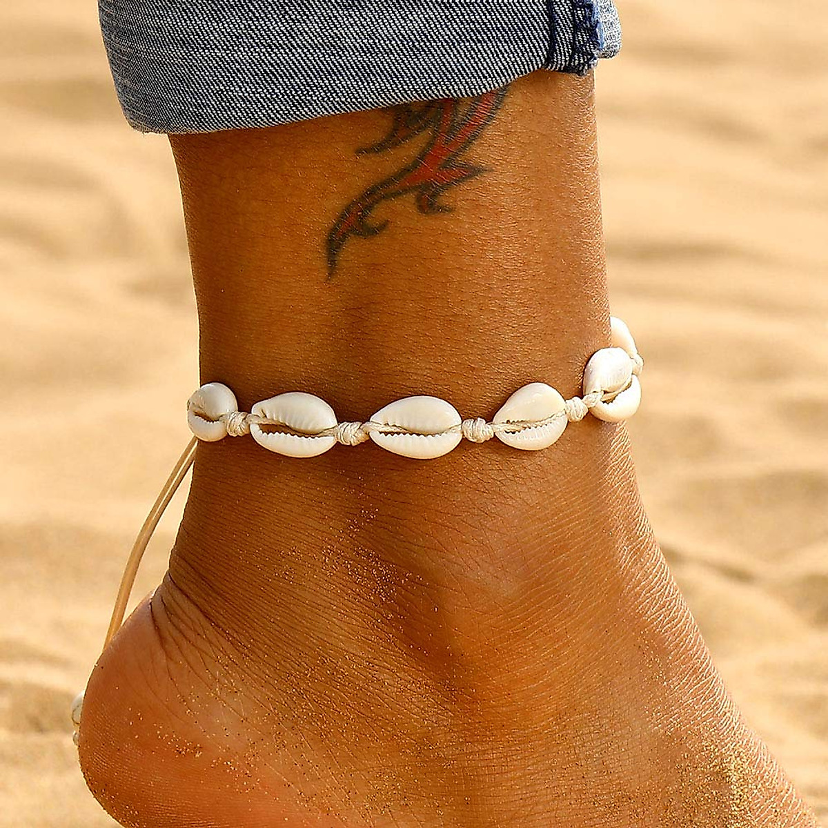 Fesciory Puka Shell Anklet for Women Summer Natural Cowrie Adjustable Ankle Bracelet, Handmade Boho Hawaiian Beach Seashell Jewelry (Shell Anklet Beige Rope)