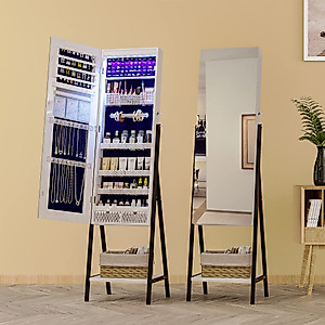 Lvifur LED Jewelry Armoire Freestanding, 42'' Full Length Mirror Large Capacity Jewelry Organizer Armoire with 8 LEDs, Lockable Floor Standing Mirror All in One for Bedroom (42'' White)