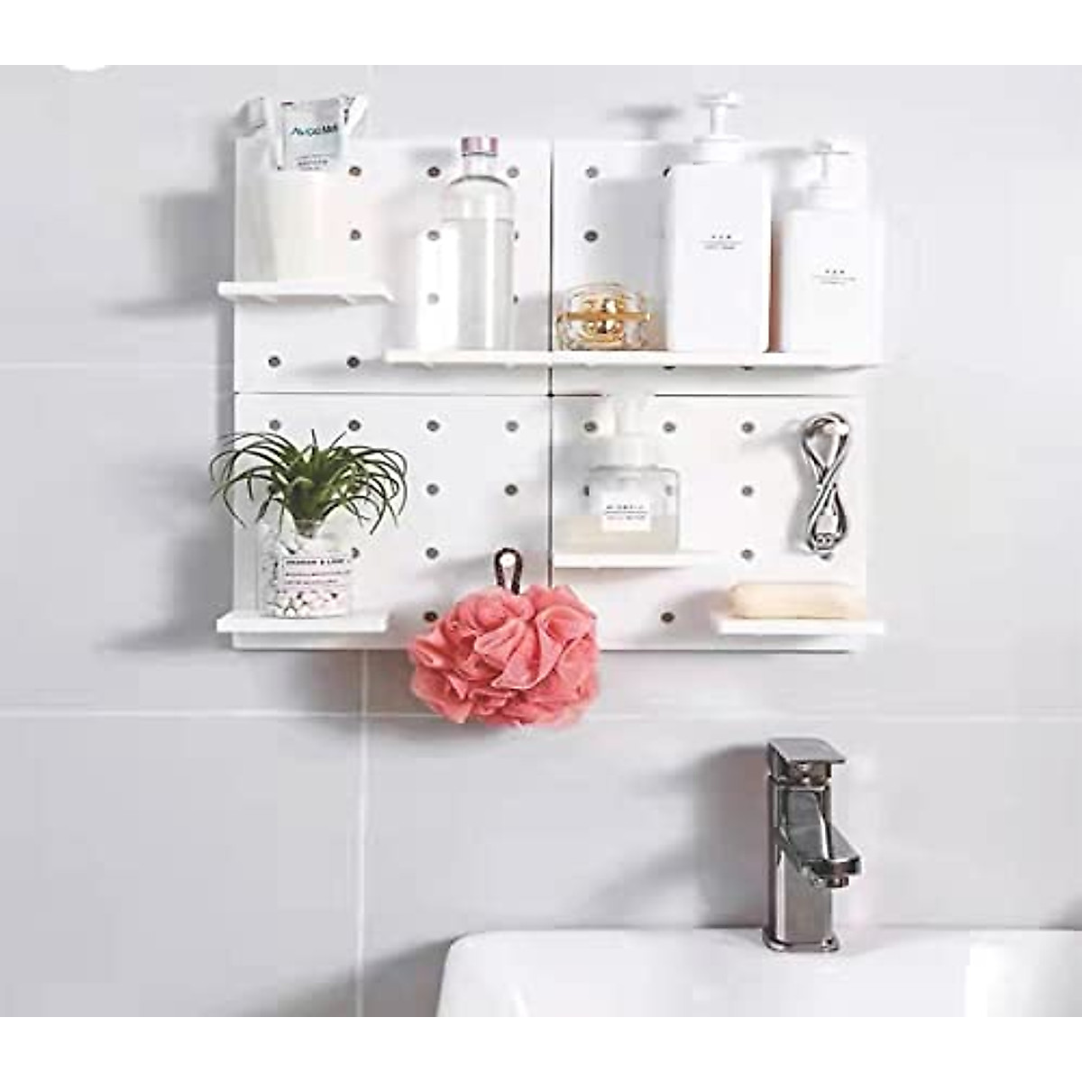 JSF 4 Sets Plastic Pegboard Kit - Decorative Wall Mounted Plastic Floating Shelves for Bedroom, Bathroom, and Kitchen , Pegboard Ledges Organizer,Entryway Organizer with Key Hooks (White)