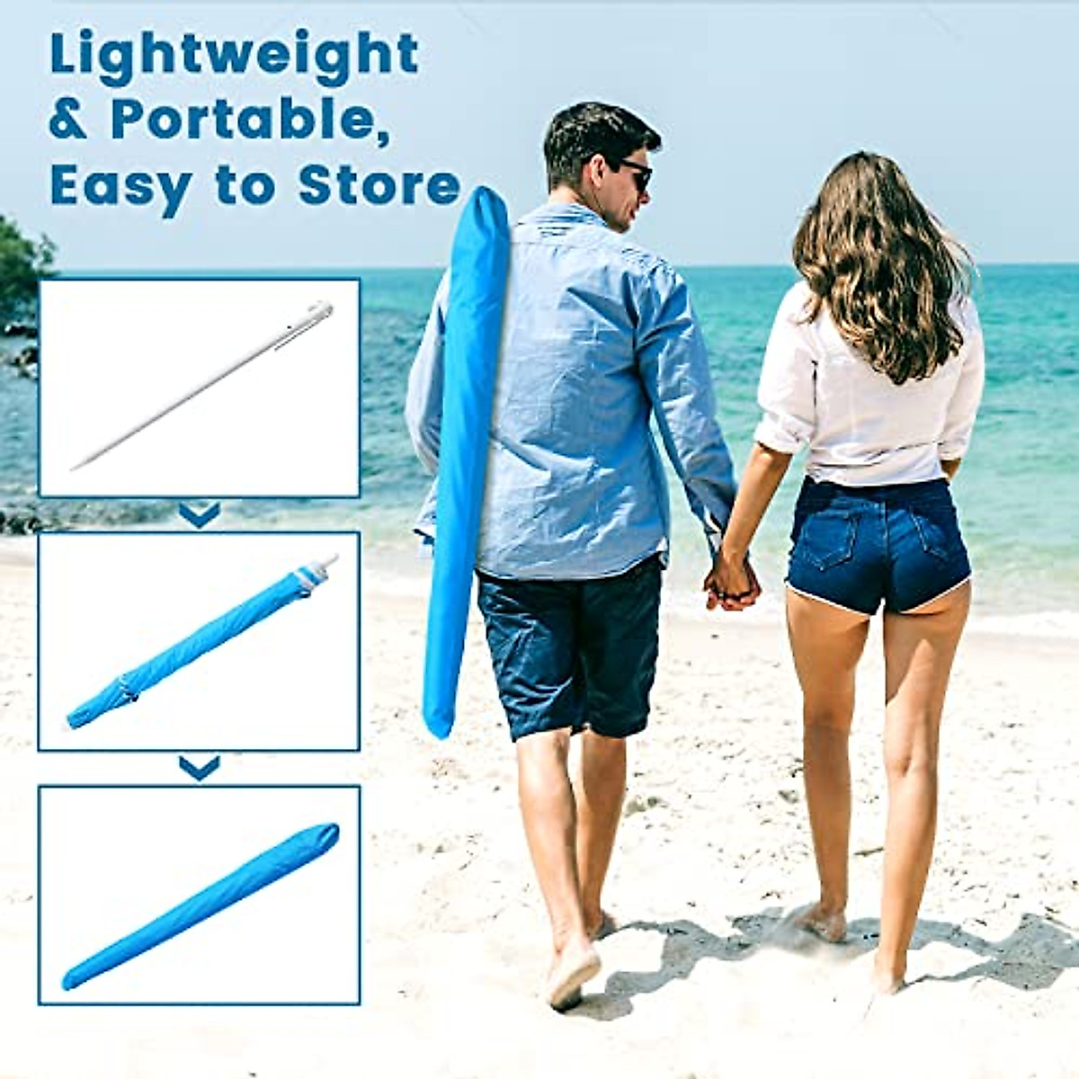 Beach Umbrella - 6.56FT Arc Length, 5.9FT Diameter Portable Beach Umbrellas for Sand Heavy Duty Wind with Air Vents, Adjustable Tilting Pole with 8 Ribs UV 50+ and Carry Bag