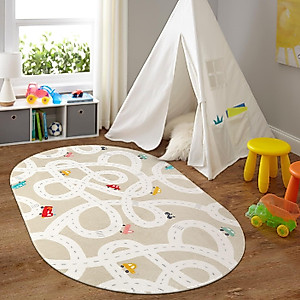 STARUIA Large Kids Rug for Playroom, 4'x6' Washable Road Rug for Nursery, Non-Slip Car Rug for Boys Room, Tan Traffic Classroom Rug Soft Baby Play Mat for Dorm Toy Room Tent