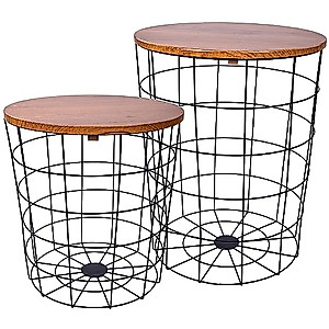 Elevon Wire Basket Base with Wood Tops Side Table Set of 2, Brown