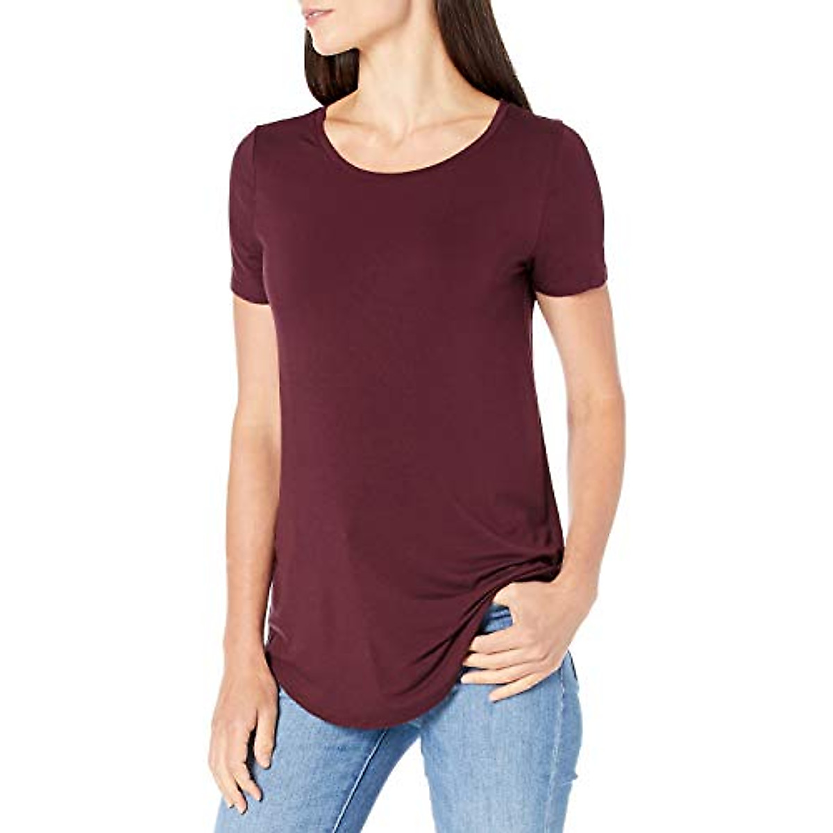 Amazon Essentials Women's Short-Sleeve Scoopneck Tunic, Pack of 2, Black/Burgundy, Medium