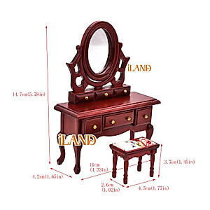 iLAND Wooden Dollhouse Furniture 1/12 Scale, Dollhouse Bedroom Furniture in Mahogany Color incl Dollhouse Bed & Dressing Table & Wardrobe (Classical Miniature Furniture 6pcs)