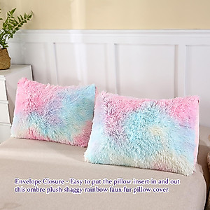 WINLIFE Faux Fur Comforter Set Twin Size for Girls Bedding Plush Shaggy Comforter Sets Gradient Ombre Tie Dye Bed Set Fuzzy Furry Long Hair Fluffy Comforter (3Pcs, Twin, Rainbow)