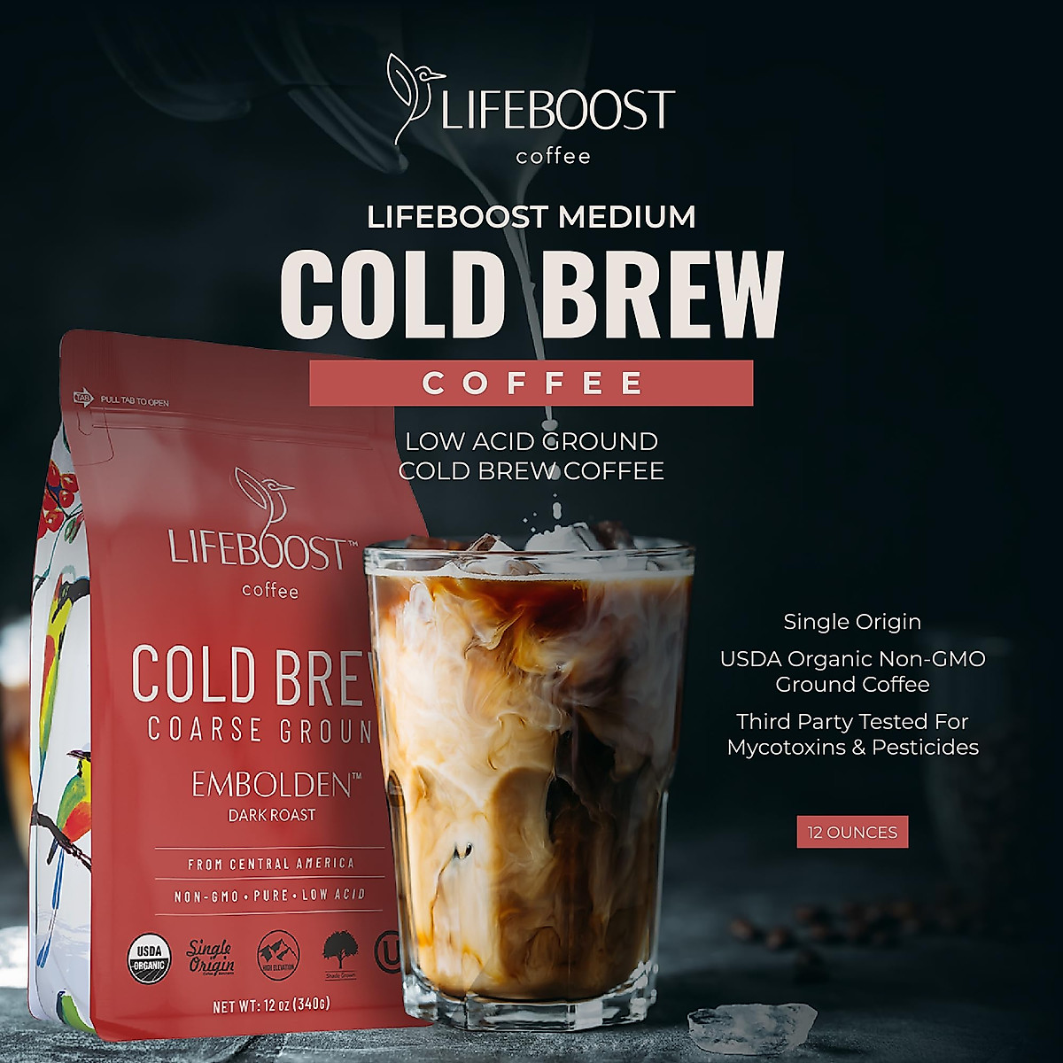 Lifeboost Dark Cold Brew Coffee - Low Acid Coarse Ground Coffee for Cold Brew - Single Origin Non-GMO USDA Organic Cold Brew Coffee Grounds - 3rd Party Tested For Mycotoxins & Pesticides - 12 Ounces