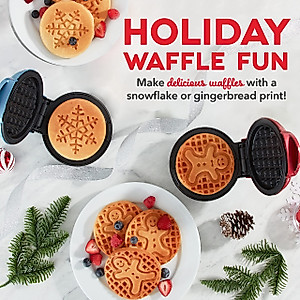 Dash Mini Waffle Maker (2 Pack) for Individual Waffles Hash Browns, Keto Chaffles with Easy to Clean, Non-Stick Surfaces, 4 Inch, Holiday (Snowflake + Gingerbread), Red and Metallic Blue