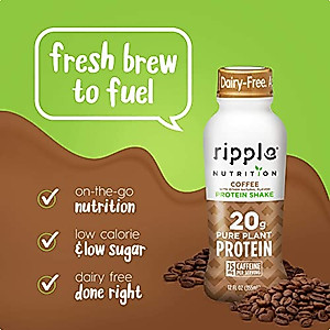 Ripple Vegan Protein Shake | Coffee Flavor | 100mg of Caffeine | 20g Nutritious Plant Based Pea Protein | Shelf Stable | Free of GMOs, Soy, Nut, Gluten, Lactose | 12 oz, Pack of 12