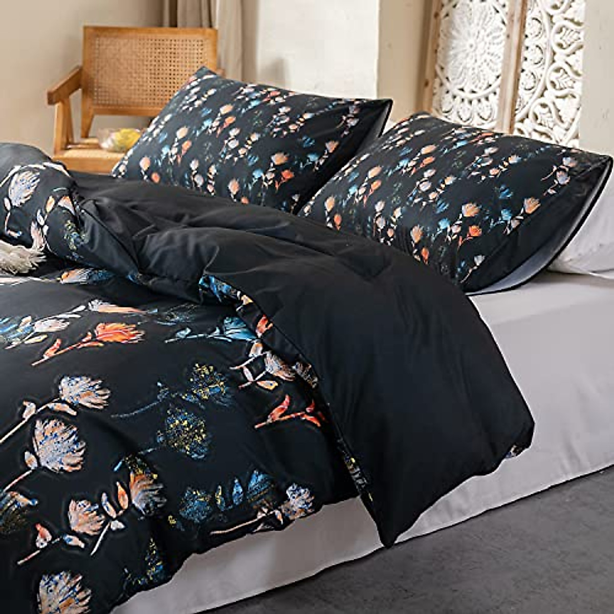 Sheleep Black Floral Duvet Cover Set 3 Pieces Bedding Soft Lightweight Brushed Microfiber Bedding , 1 Duvet Cover 2 Pillow Shams, Queen, Colorful Leaf