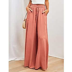 Xiaowhite Linen Pants for Women High Waisted Elastic Drawstring Wide Leg Trousers Casual Gaucho Beach Flowy Palazzo Pants for Women Dressy Spring Summer Boho Clothes Outfits 2023(Orange,XL)