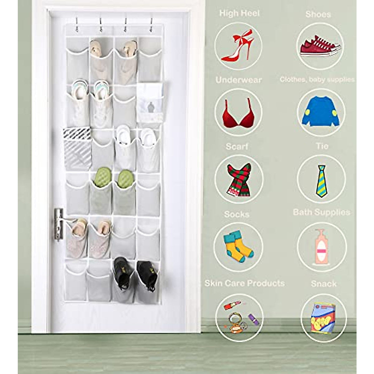 N/C Over The Door Shoe Organizer,Hanging Shoe Organizer for Closet Organizers and Storage,24 Large Mesh Breathable Pockets Hanging Shoe holder,Over The Door Shoe Rack with 4 Hooks