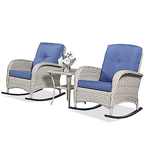 Belord Outdoor Rocking Chairs Set of 2, Wicker Rocker Rocking Chairs for Porch, 3 Pieces Patio Furniture Sets Rocking Bistro Set with Cushions and Side Table