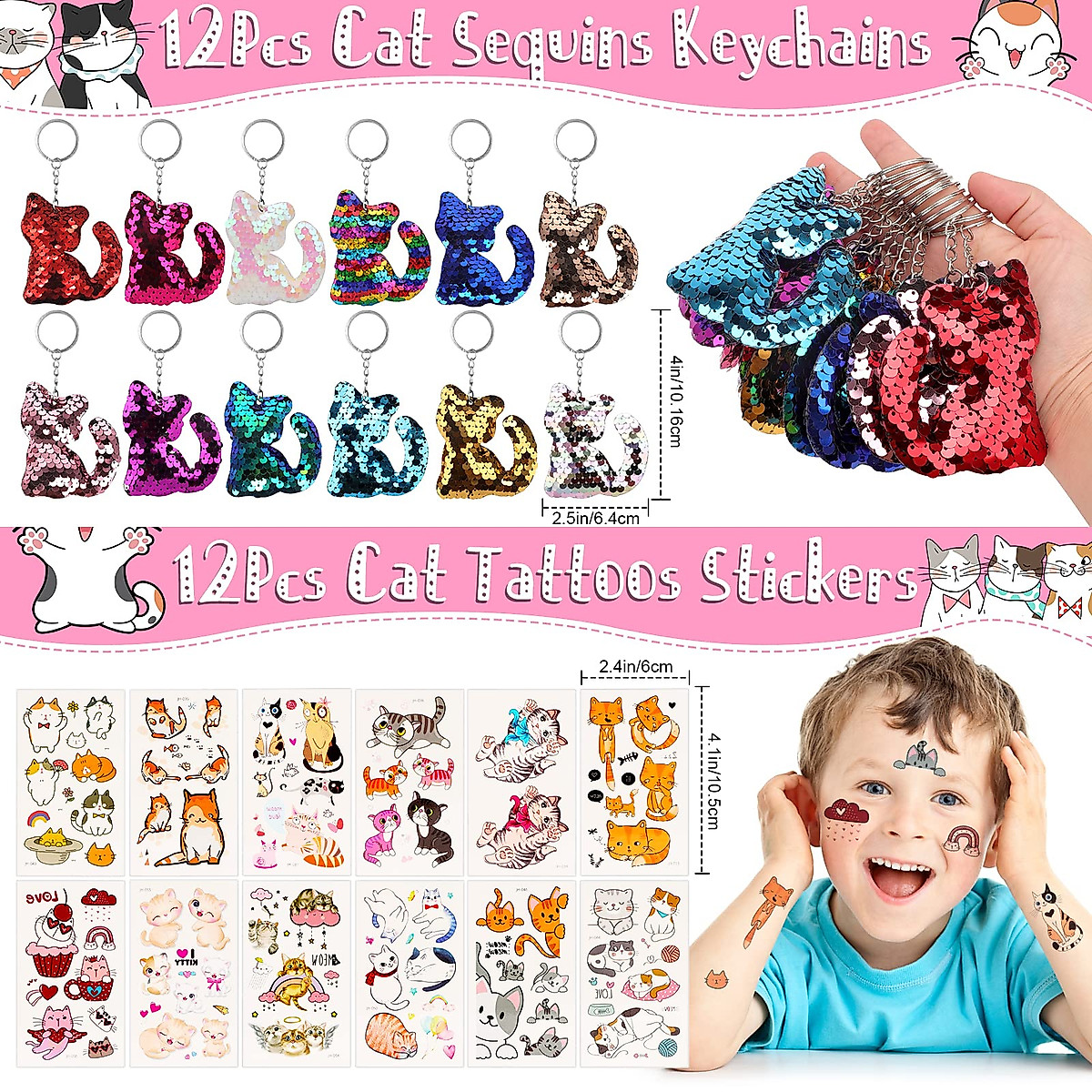 122Pcs Cat Party Favors for Kids - Cat Themed Birthday Party Supplies Cat Ears Headband Flip Sequin Cat Keychain Cat Tattoo Stickers Squeezing Stress Toys Goodie Bag Stuffers Pinata Fillers for Girls