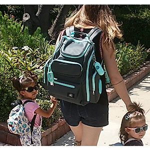 Tangerine Views Diaper Bag Backpack - 4pcs: Spacious Gender Neutral Colors w/Changing Pad, Stroller Straps, Food Snack Pack, and Waste Bag Dispenser w/Bags, Dark Gray With Teal, Large