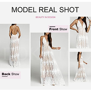 Dokotoo Womens Sexy V Neck Sleeveless Spaghetti Straps Elegant Embroidered High Slit Sheer Mesh Dresses Backless Maxi Long Formal Evening Party Prom Dress Bridesmaid Wedding Guest Dresses White M