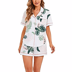 LUBOT 100% Cotton Women's Pajamas Set Short Sleeve Button-Down Shirt PJ Two-piece Set Printed Patterned Summer Night Suit Sleepwear Loungewear (Leaves, M)