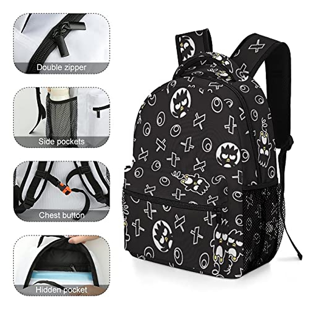 Bad Badtz Maru Backpack Book Bag Withe Side Pokect Large Suitable for Men Women ​Hiking Camping Picnic Daypacks