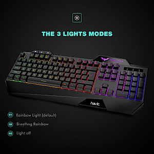 HAVIT Rainbow Backlit Wired Gaming Keyboard 104 Keys LED USB Ergonomic Wrist Rest Keyboard for Windows PC Gamer Desktop, Computer (Black) (Renewed)
