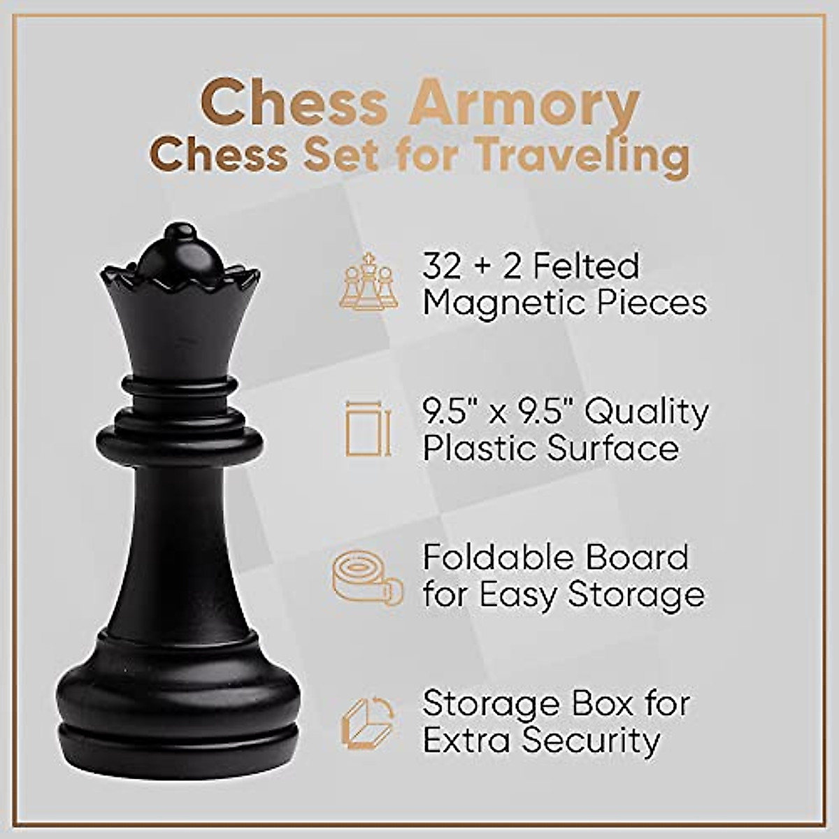 Chess Armory Travel Set 9.5" x 9.5"- Mini for Kids with Folding Magnetic Board Storage Box, & 2 Extra Queen Pieces - Portable Game