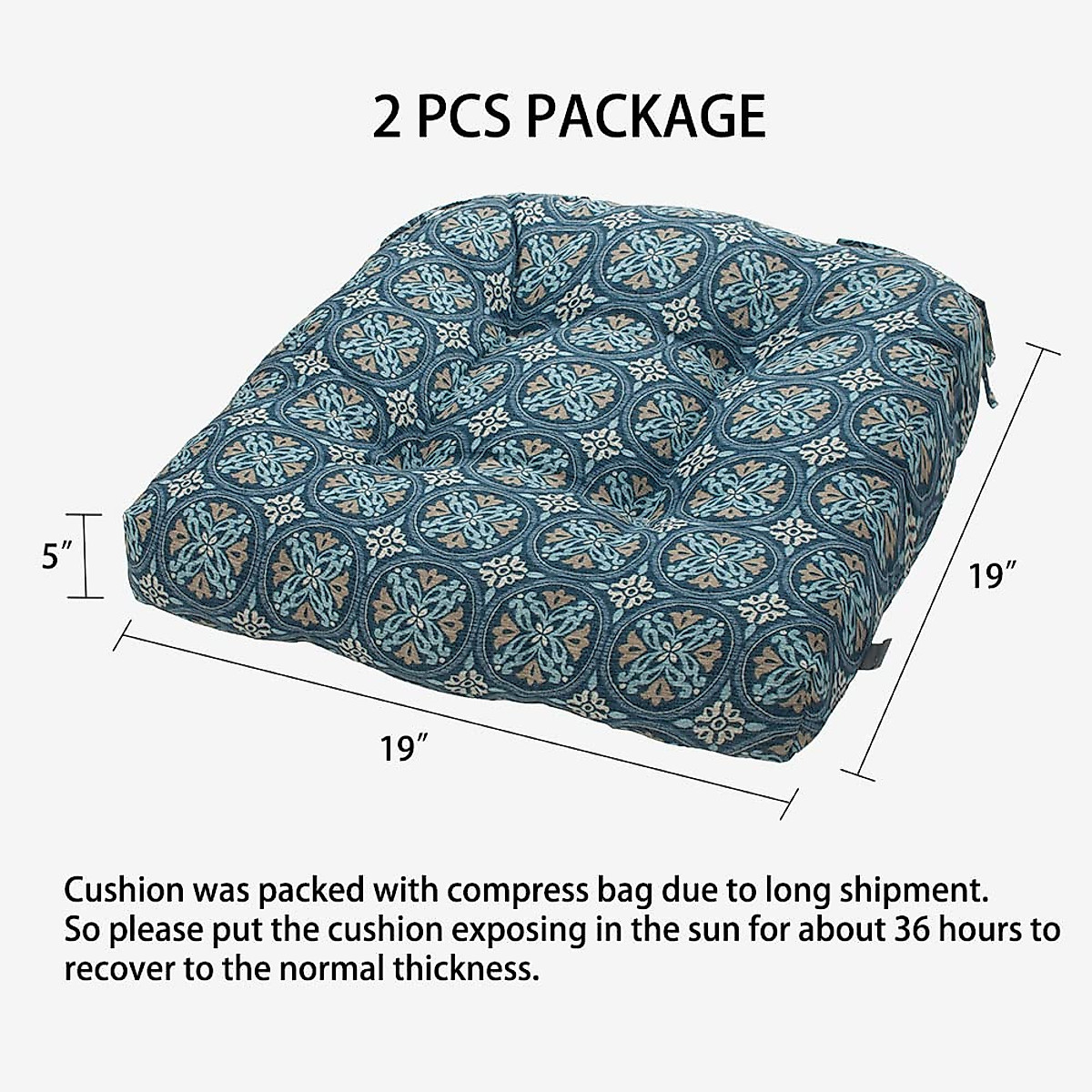 Magpie Fabrics Outdoor/Indoor Tufted Seat Cushion with Ties Set of 2, 19"x19" Waterproof Patio Chair Pads Tatami Floor Pillow for Garden Balcony Office Decor (Morgan Medal Blue)