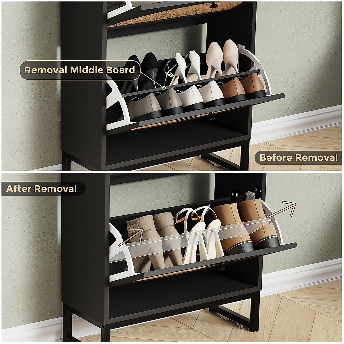 KFO Shoe Cabinet with 2 Handmade Natural Rattan Flip Drawers, Entryway Shoe Rack Storage Organizer for Sneakers, Slippers, Free Standing Shoe Racks, Black……