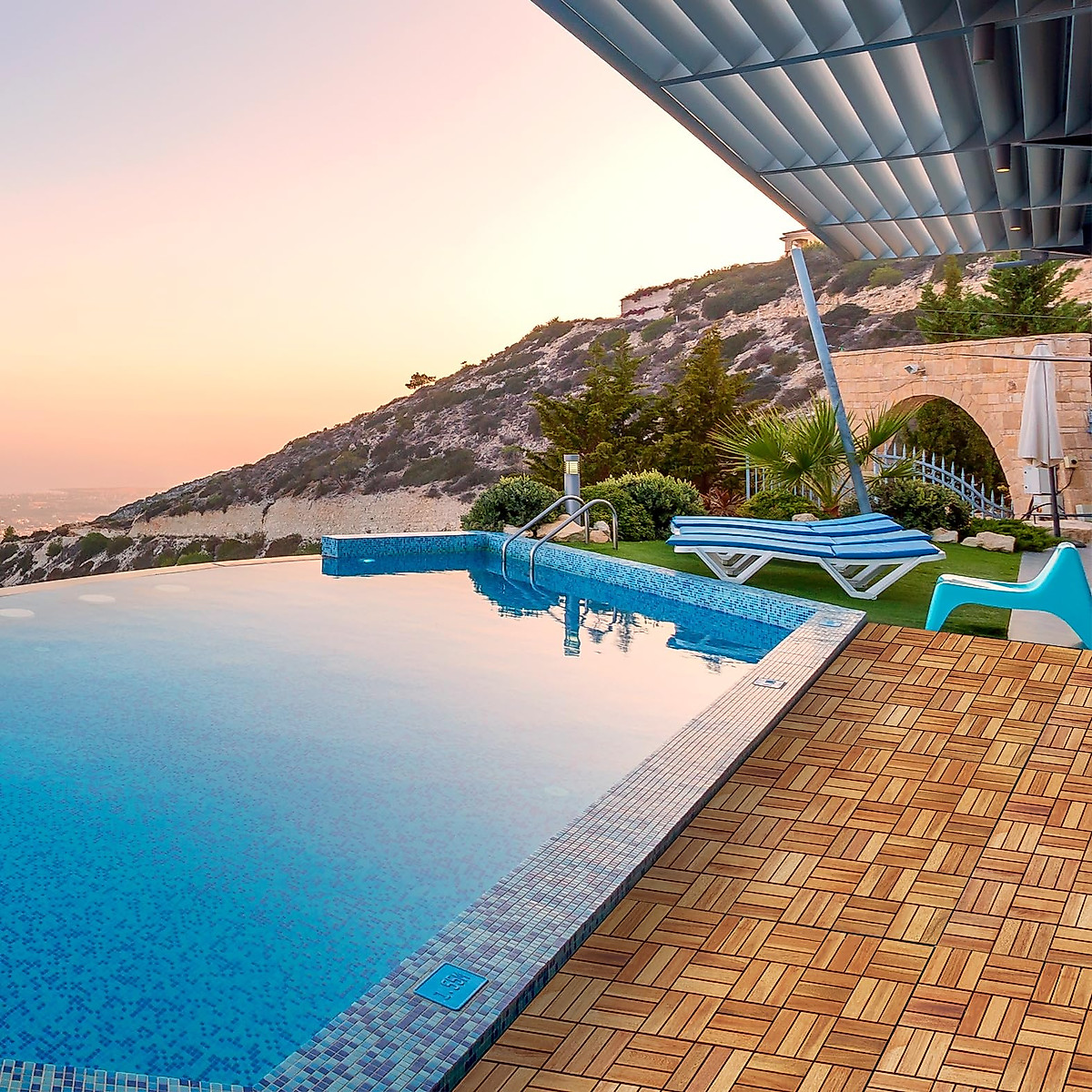 Solid Wood Interlocking Deck Tiles (Pack of 10, 12" x 12"), Acacia Deck Tiles, Floor Tiles for Both Indoor and Outdoor Use, Waterproof All Weather 12slats (12x12, 12 Slat)