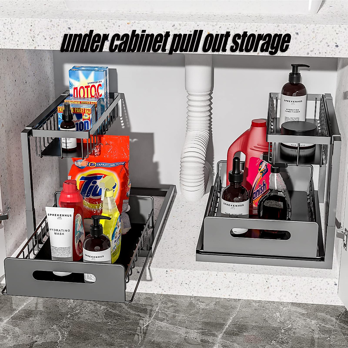 KINGPOUL Under Sink Organizers-2-Tier Heavy Duty Metal Slide Out Pull Out Drawers L-Shape Under Cabinet Storage Around Plumbing, for Under Kitchen Bathroom Sink Organizers and Storage(Black)