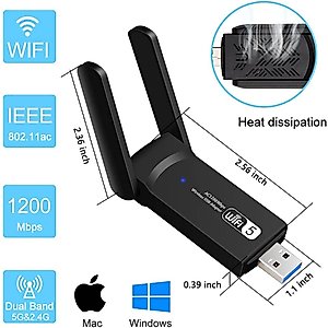 WiFi Adapter, 1200Mbps Dual Band 5G/2.4G Wireless Network Adapter, USB 3.0 MU-MIMO WiFi Dongle with High Gain Antennas for Desktop PC, Supports Windows/Mac OS X