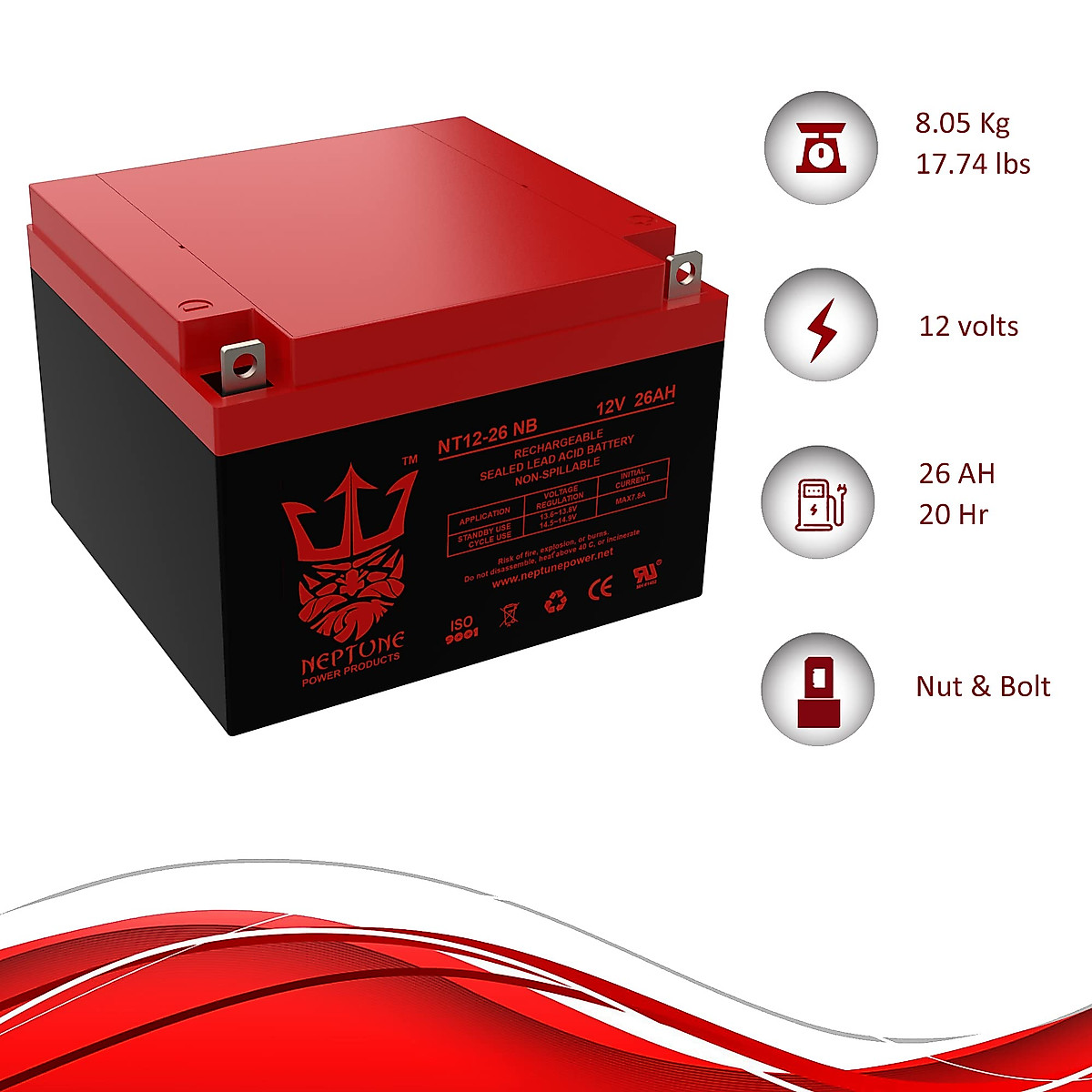 Neptune Brand NT12260 12V 26Ah Replacement Battery for Power-Sonic 12V 26AH PS-12260 PS-12260NB