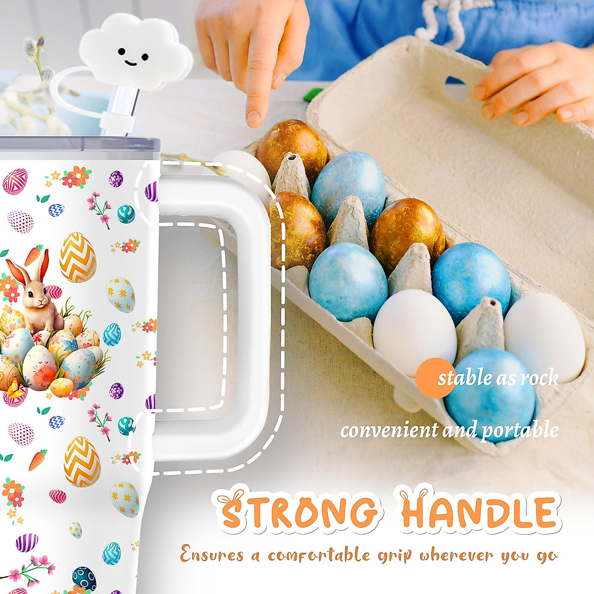 winiwo 40 oz Easter Tumbler with Handle and Straw, Easter Gifts for Kids, Rabbits Lover, Bunny Insulated Tumbler for Hiding Candy Chocolate Eggs, Stainless Steel, Available Gift Wrapping (White)