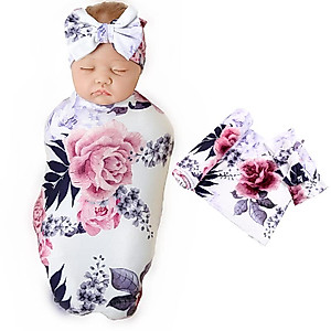 Galabloomer Newborn Receiving Blanket Headband Set Baby Swaddle Mother and Baby (White Blush)