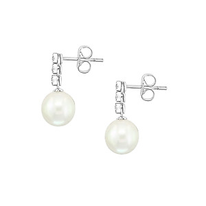 14K White Gold 0.09ctw Diamond & 8mm-8.5mm AAAA Round White Freshwater Cultured Pearl Stacked Bezels Drop Stud Earrings (G-H Color, SI2-I1 Clarity)
