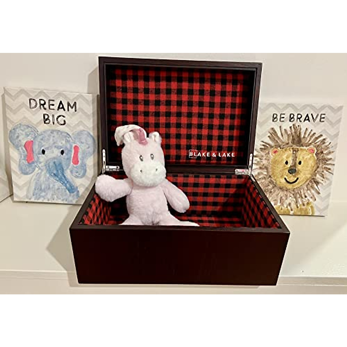 Large Oak Wooden Keepsake Box - Storage Box Lined with Buffalo Plaid - Wooden boxes with Hinged Lid - Decorative Box for Home Jewelry Baby (Hinge Box)