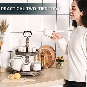HYGGEISM Two Tier Tray Distressed Wood 2 Tiered Serving Tray Farmhouse, Decorative Wooden Rustic Cake Stand for Kitchen Counter Table, Coffee Bar Decor (Heart-Shaped Handle)