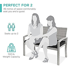 Best Choice Products 2-Person Outdoor Wicker Loveseat Bench Chair Furniture for Garden, Patio, Porch w/ 700lb Capacity, Seat Cushion - Gray/Black