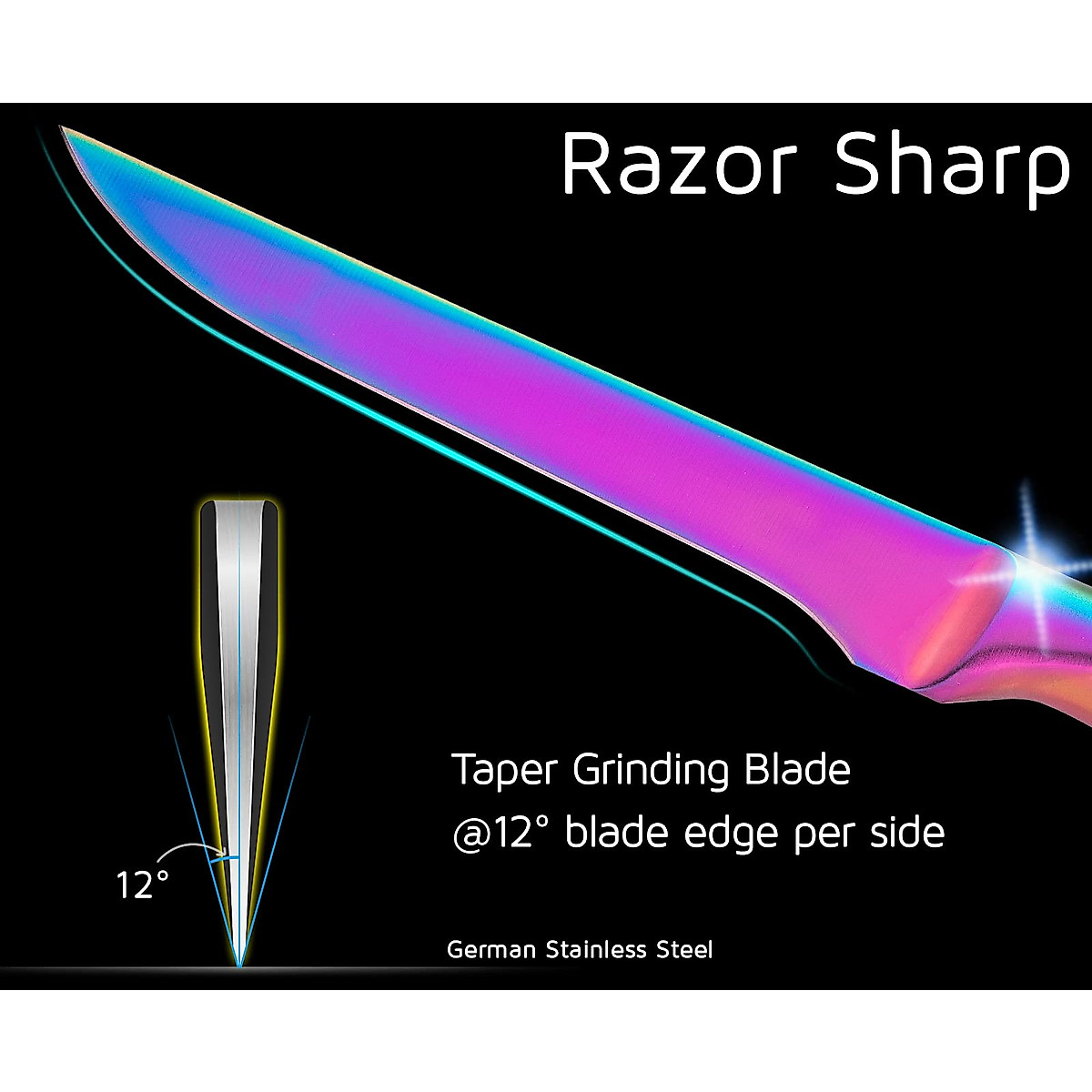 WELLSTAR Boning Knife 6 Inch, Razor Sharp German Steel Fillet Knife for Trimming Brisket/Rib/Steak/Meat, Deboning Chicken, Processing Fish/Game Meat, Rainbow Titanium Coating, Strong Durable Handle