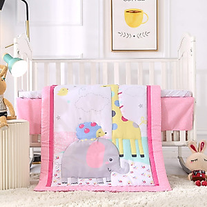 VIVILINEN Pink Elephant Crib Bedding Set for Girls 3 Pieces Giraffe Hedgehog Animals Infant Nursery Baby Crib Comforter Set with Crib Bed Blanket Quilt Fitted Sheet Skirt Set