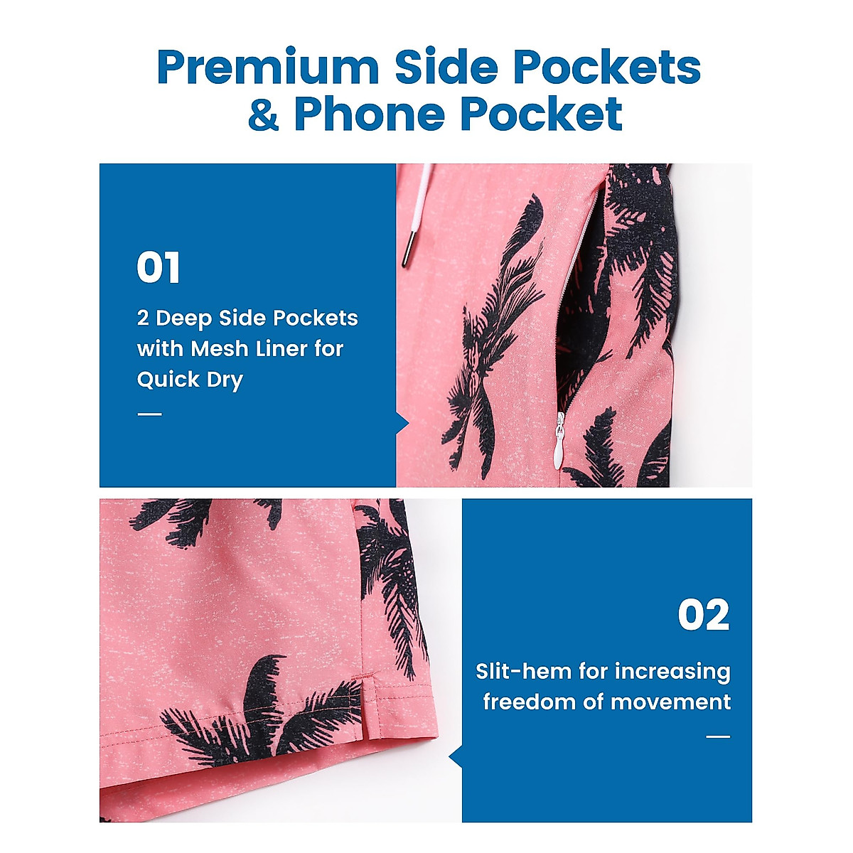 maamgic Mens Swim Trunks with Compression Liner Short Stretch Mens Bathing Suit Quick Dry Swimming Trunks Swimsuit Plamtree Pink Large