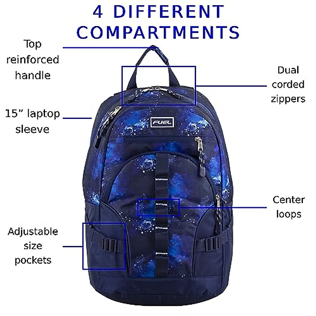 FUEL Dynamo Active Backpack, Fits Most Laptops up to 15", Front Access Pockets, Padded Lumbar, Comfortable, Adjustable Straps - Blue Galaxy